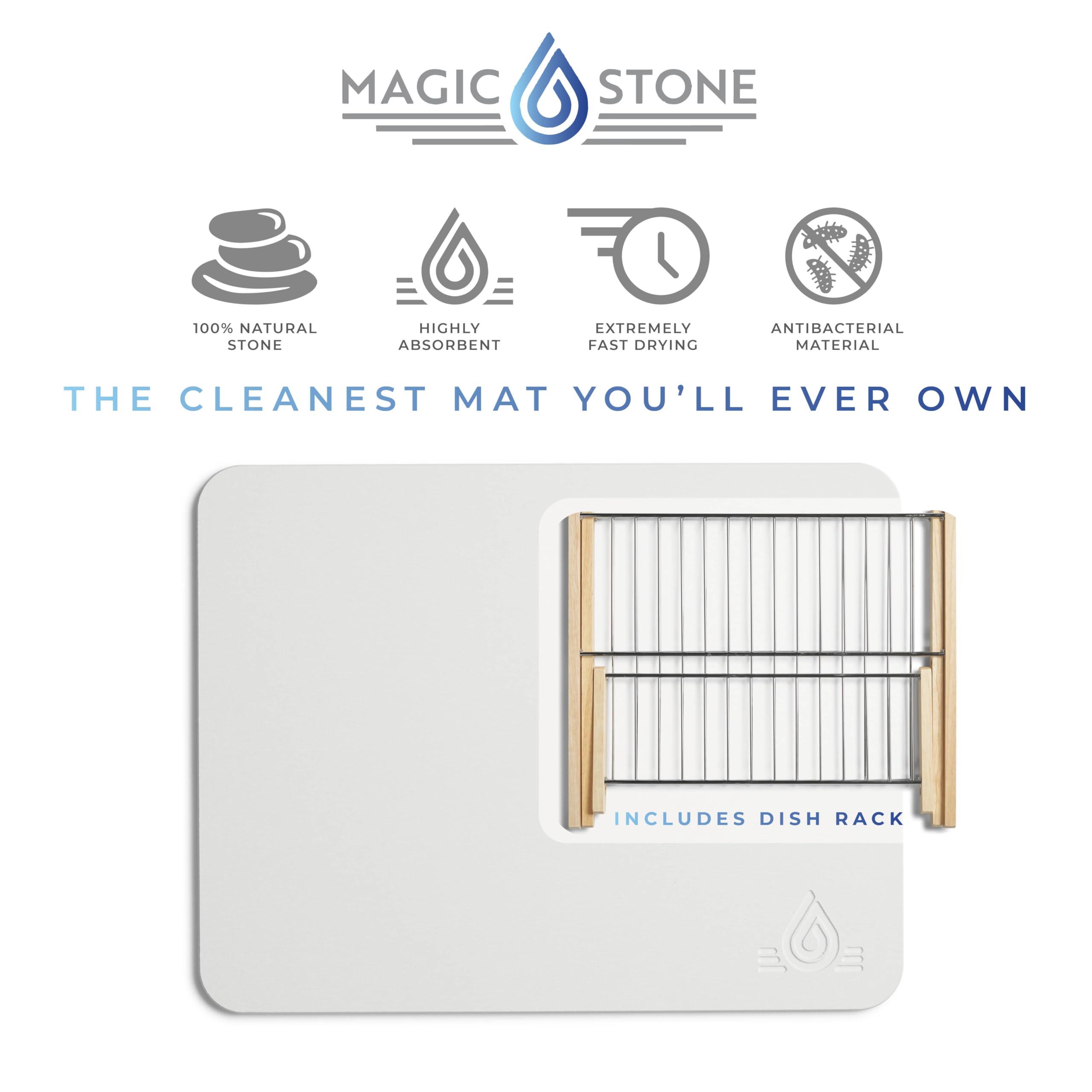 Magic Stone - Diatomaceous Earth Kitchen Mat and Bamboo Dish Rack β Super Absorbent Dish Drying Mats for Kitchen Counter, Durable & Quick Drying Mat (White)