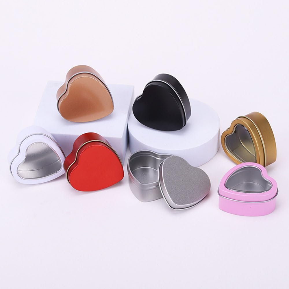 Alunsito 12 Pack 2 Ounce Metal Tins Cans, Heart Shaped Empty Containers with Clear Window Lids for Candles, Arts & Crafts, Storage in Kitchen & Office Use, Gold