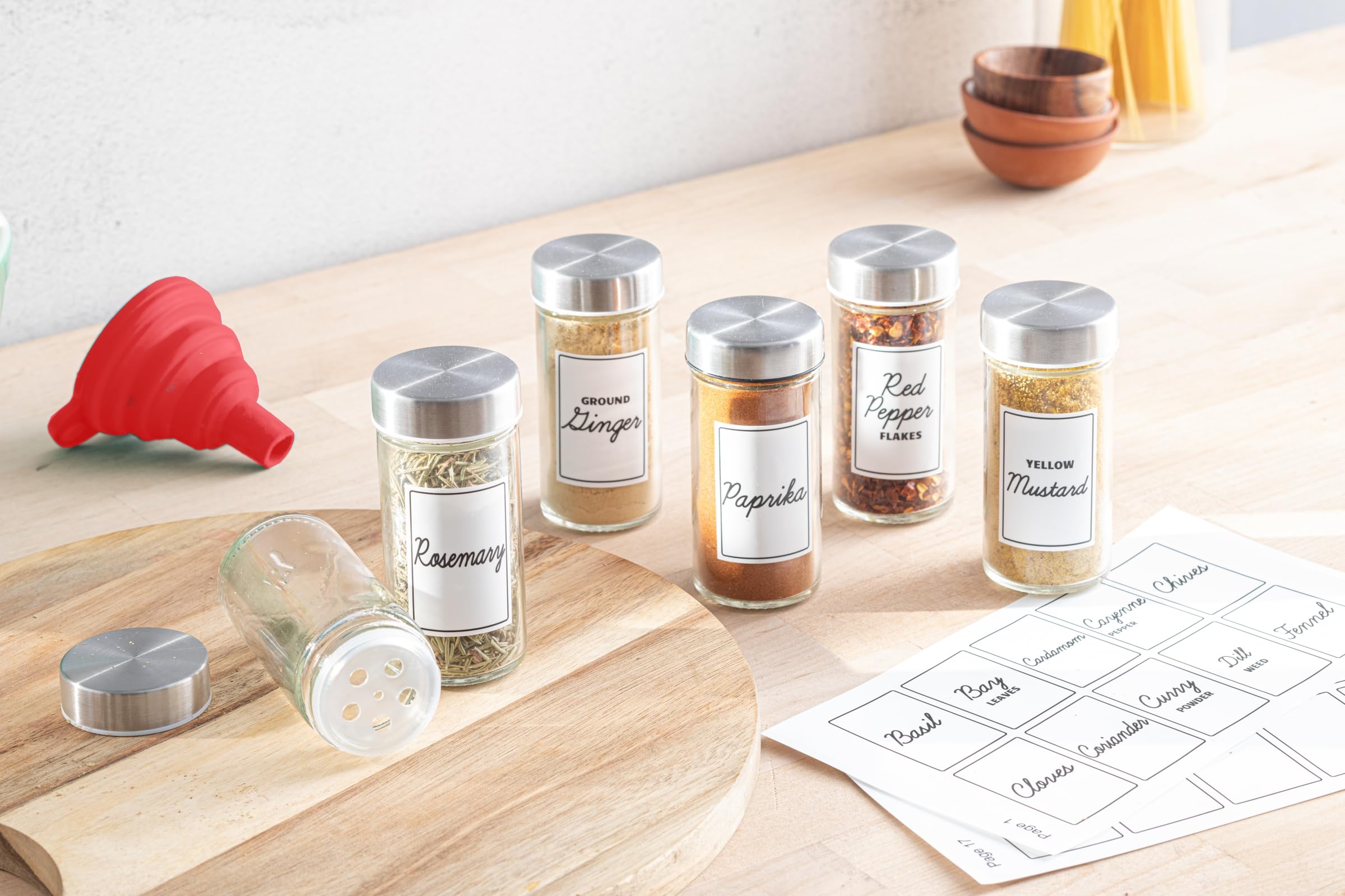 Orii 24 Glass Spice Jars with Stainless Steel Lids, 70 Spice Labels and Funnel, Seasoning Storage Bottles for Spice Rack, Cabinet, Drawer, Pantry