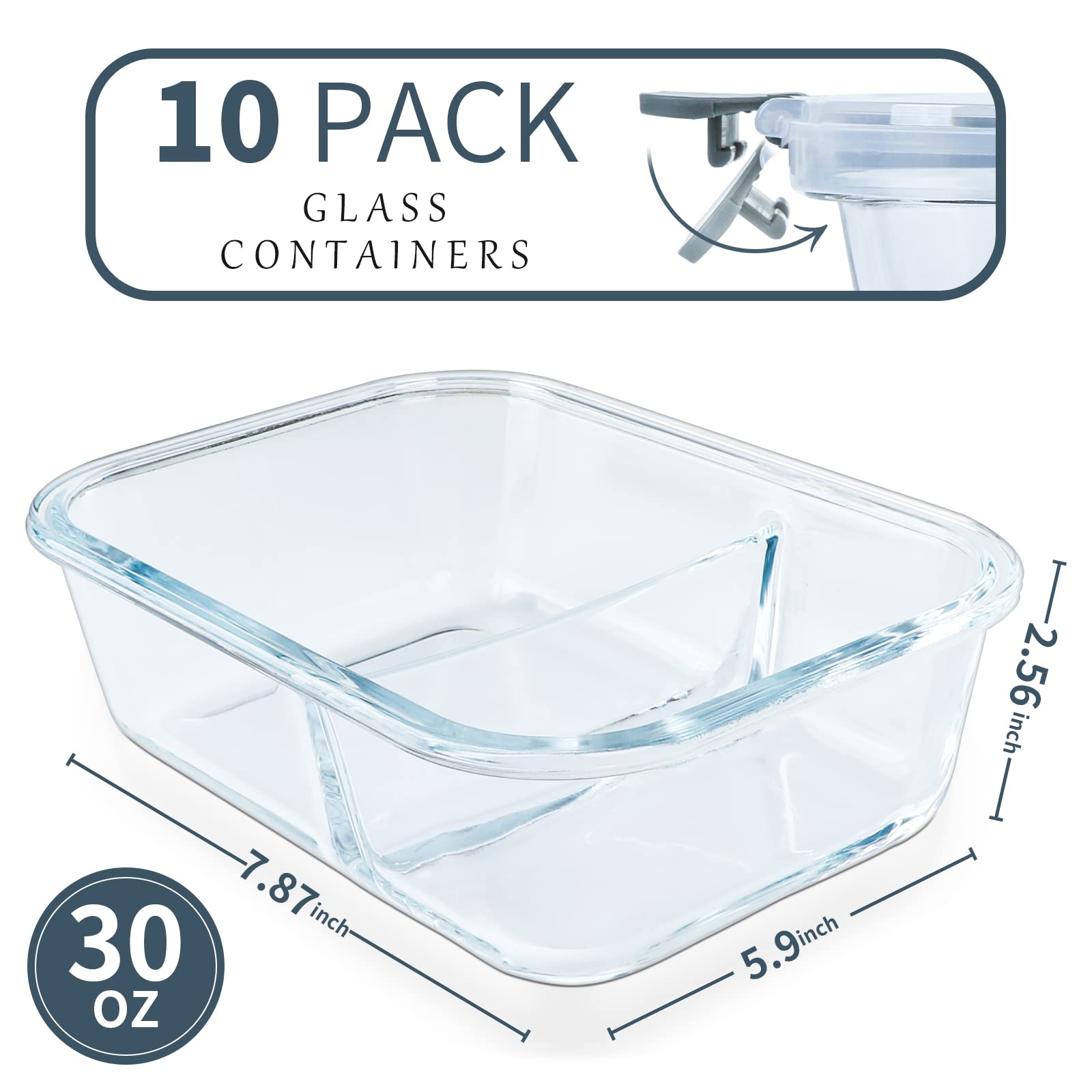 KOMUEE 10 Packs 30 oz Glass Meal Prep Continers Set with 1 & 2 Compartments, Glass Food Storage Containers with Lids, Freezer, Oven and Microwave Friendly