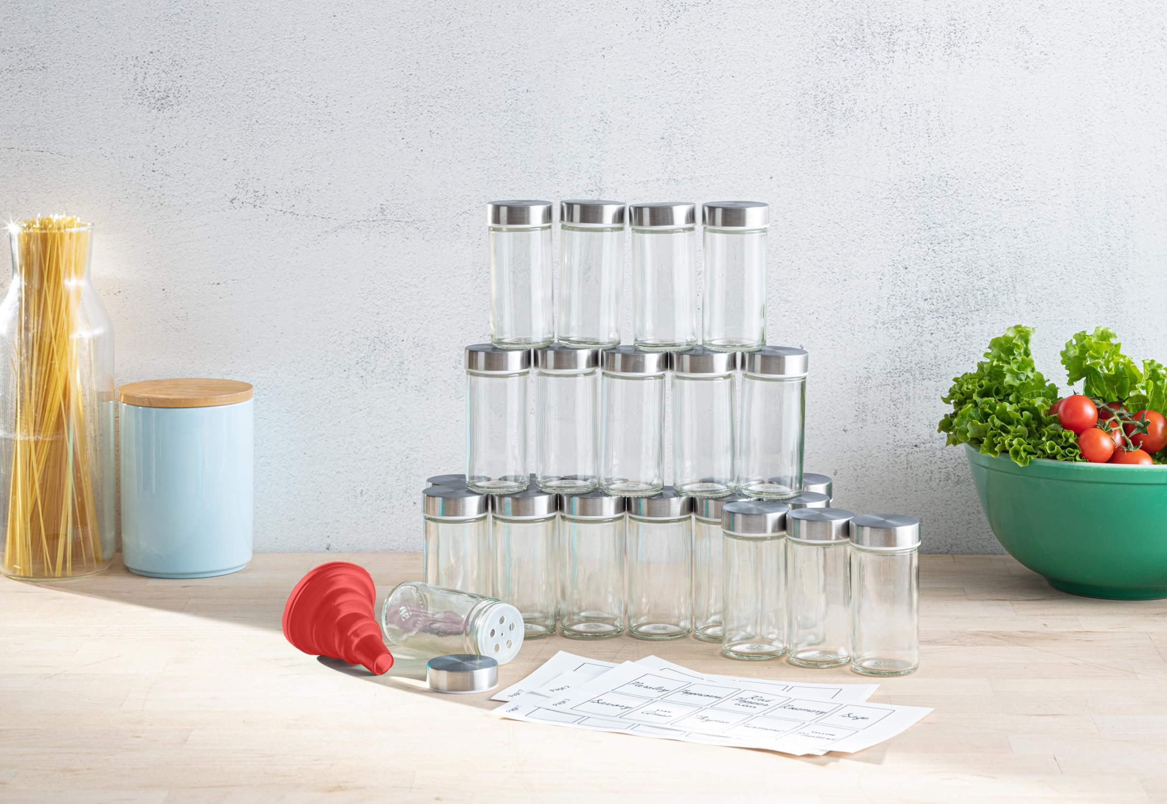 Orii 24 Glass Spice Jars with Stainless Steel Lids, 70 Spice Labels and Funnel, Seasoning Storage Bottles for Spice Rack, Cabinet, Drawer, Pantry