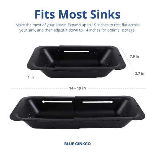 BLUE GINKGO Over the Sink Colander Strainer Basket - Wash Vegetables and Fruits, Drain Cooked Pasta and Dry Dishes - Extendable - New Home Kitchen Essentials (7.9W x 14-19L x 2.75H) - Black