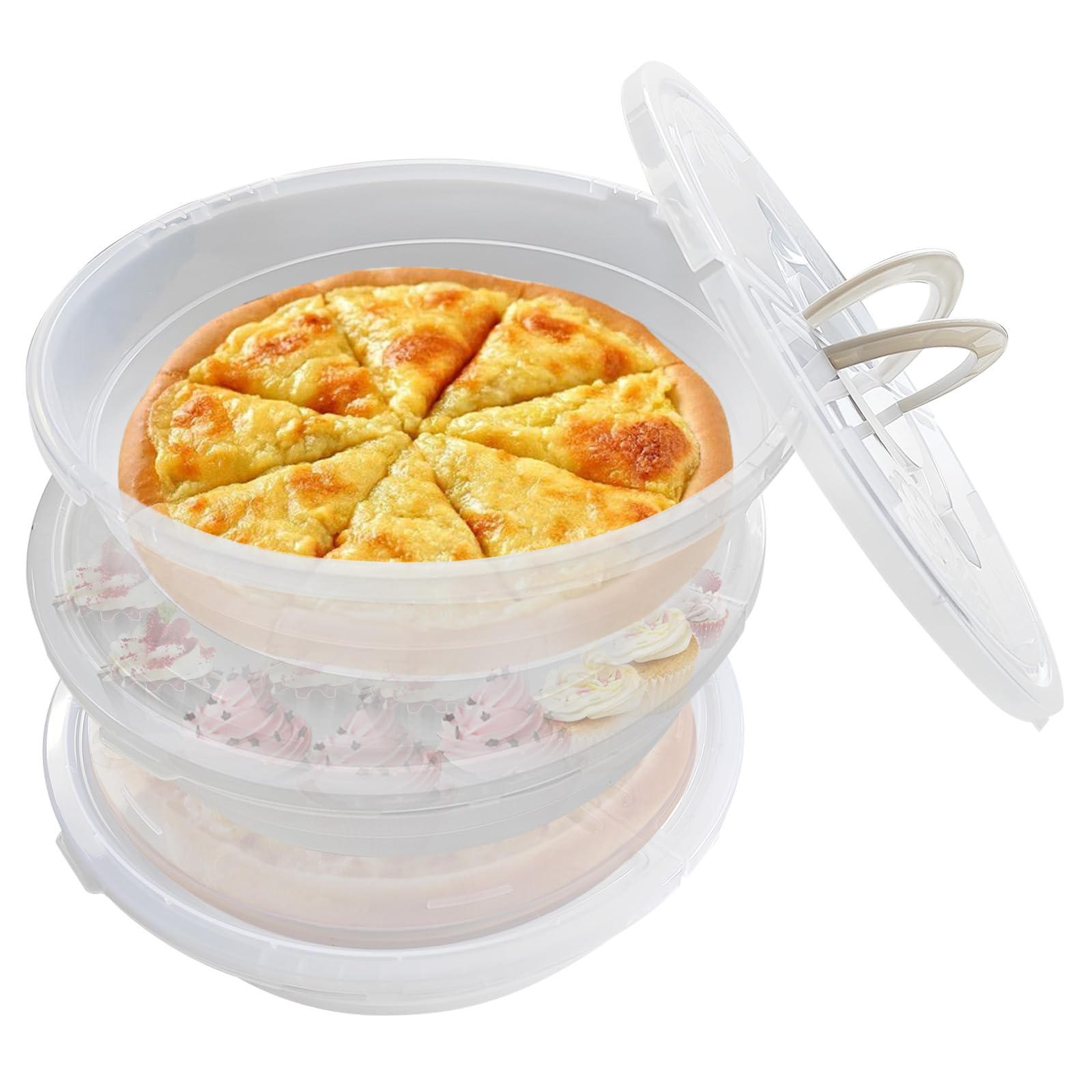 Wensdr 3 Packs 12in Clear Food Storage Container with Lid and Handle Pie Pizza Carrier Container Sets Reusable Two Sided Food Serving Keeper