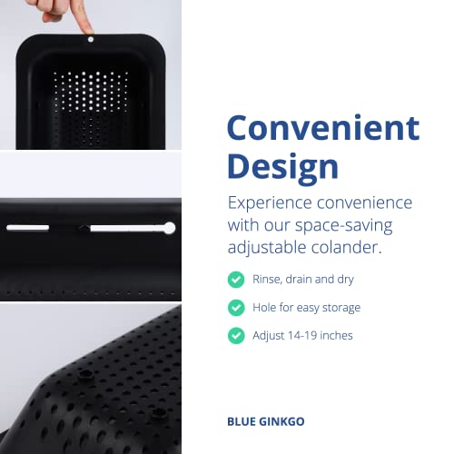 BLUE GINKGO Over the Sink Colander Strainer Basket - Wash Vegetables and Fruits, Drain Cooked Pasta and Dry Dishes - Extendable - New Home Kitchen Essentials (7.9W x 14-19L x 2.75H) - Black
