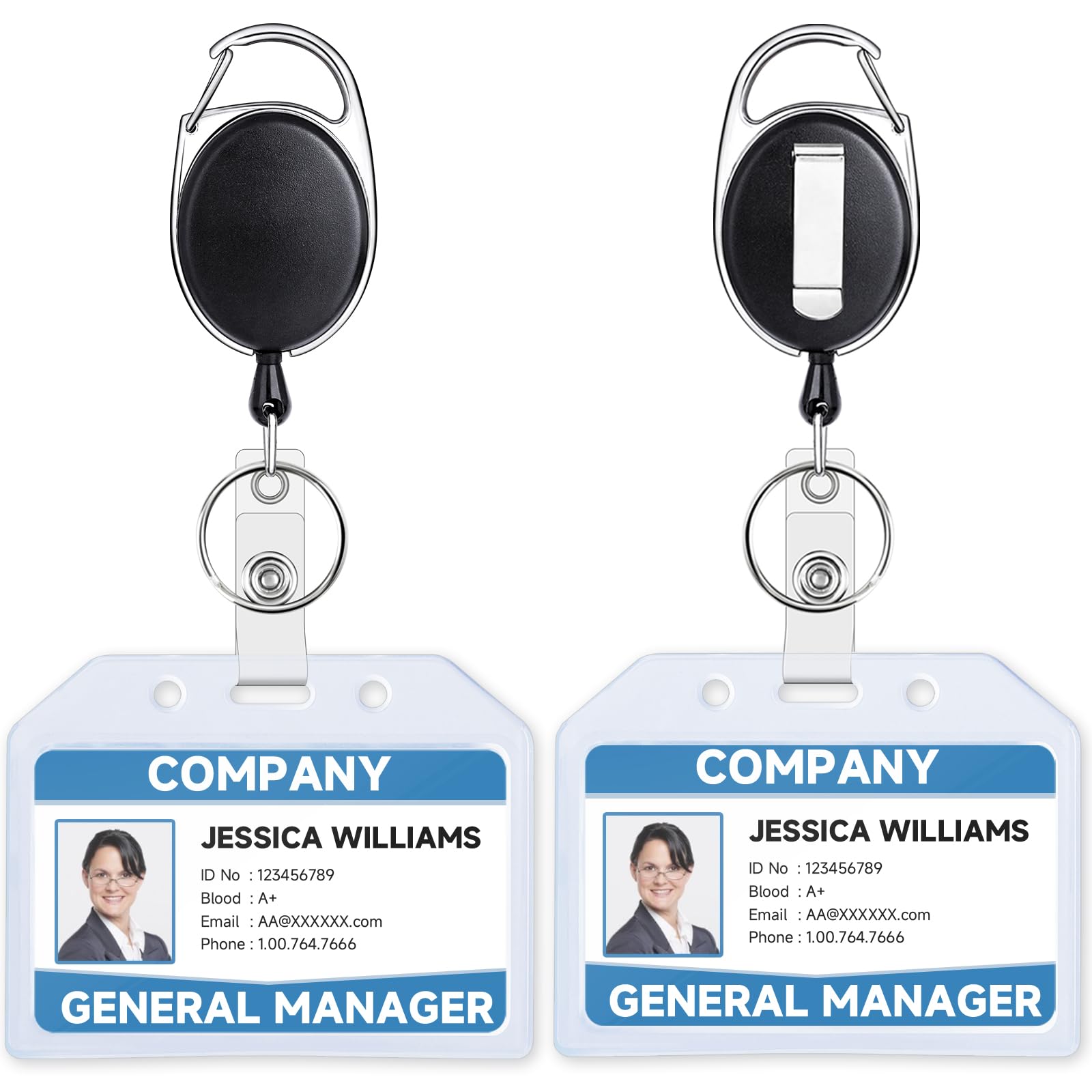Teskyer 2 Pack Heavy Duty Retractable Badge Holders with Carabiner Reel Clip and Extra Thick Clear Name Tag ID Card Holders, Horizontal