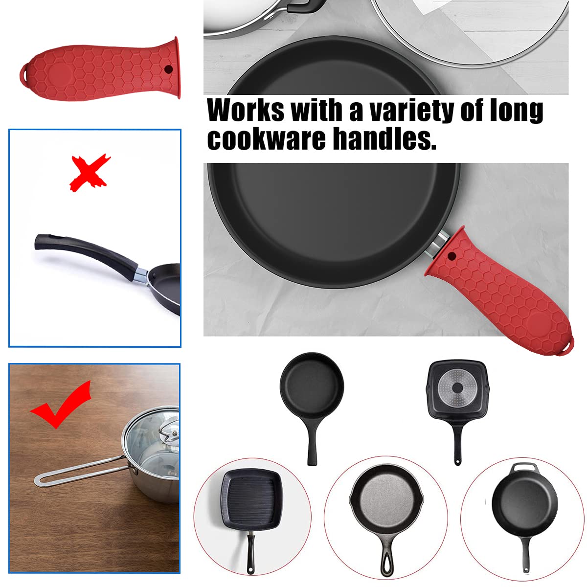 HZMM 4 Pack Silicone Hot Handle Holder, Assist Pan Handle Sleeve Pot Holders Cast Iron Skillets Handles Grip Covers Nonslip Heat Resistant for Pots Enameled Casserole Metal Frying Pans Cookware, Red