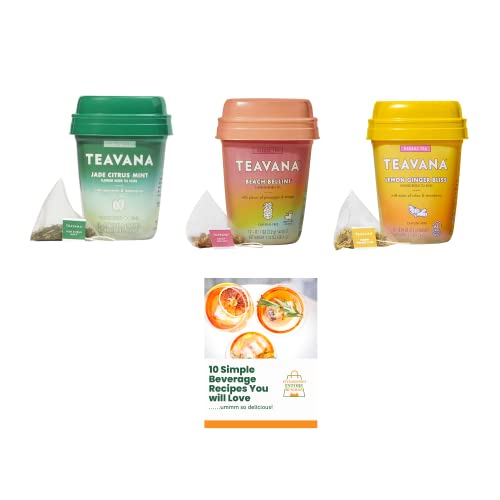 Teavana Jade Citrus Mint Green Tea, Beach Bellini, Lemon Ginger Bliss Herbal Tea Caffeine Free with Recipe eBook - Set of 4 Items (Without Honey Sticks)