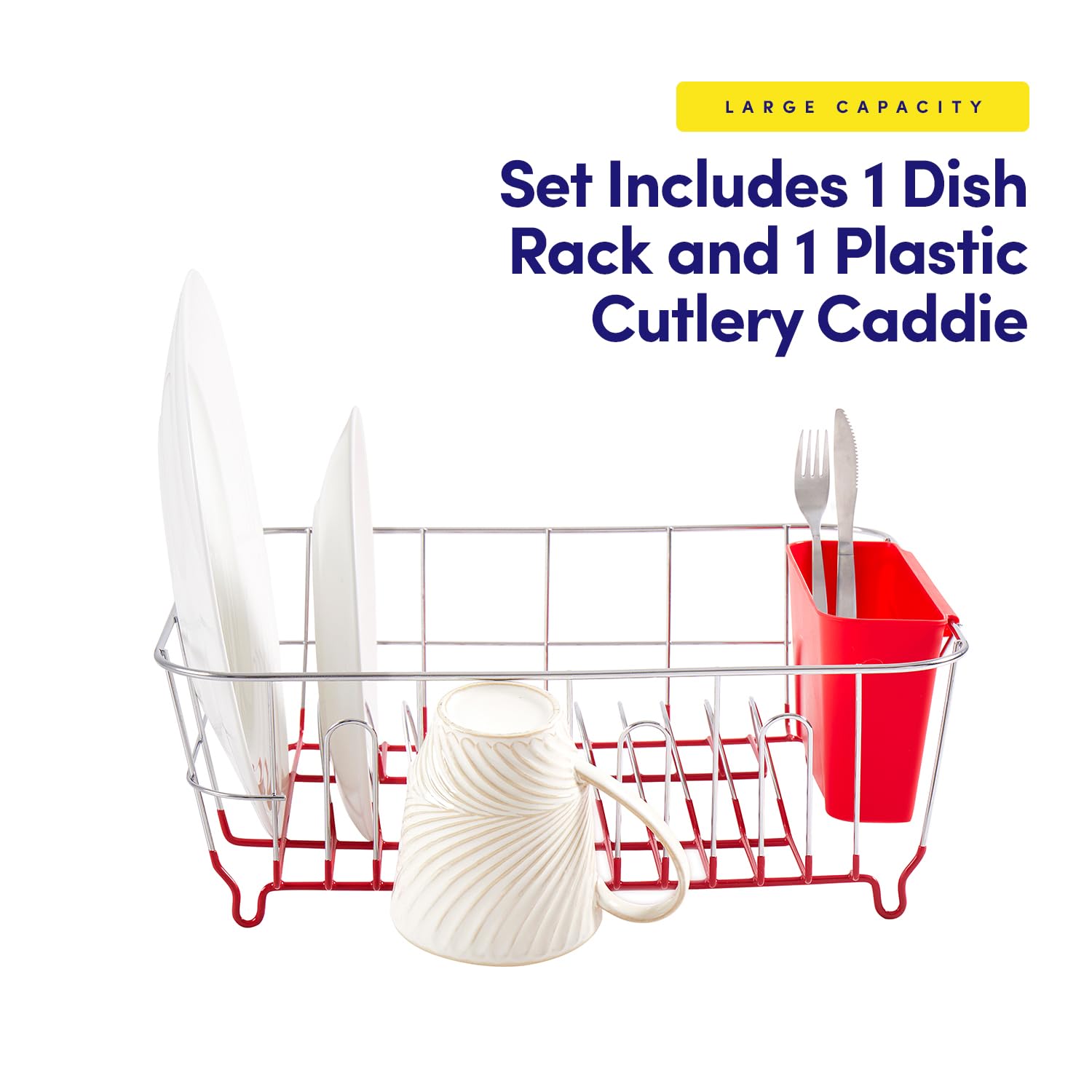 Sweet Home Collection Metal 2 Piece Dish Drying Rack Set Drainer with Utensil Holder Simple Easy to Use Fits in Most Sinks, 14.5" x 13" x 5.25", Red