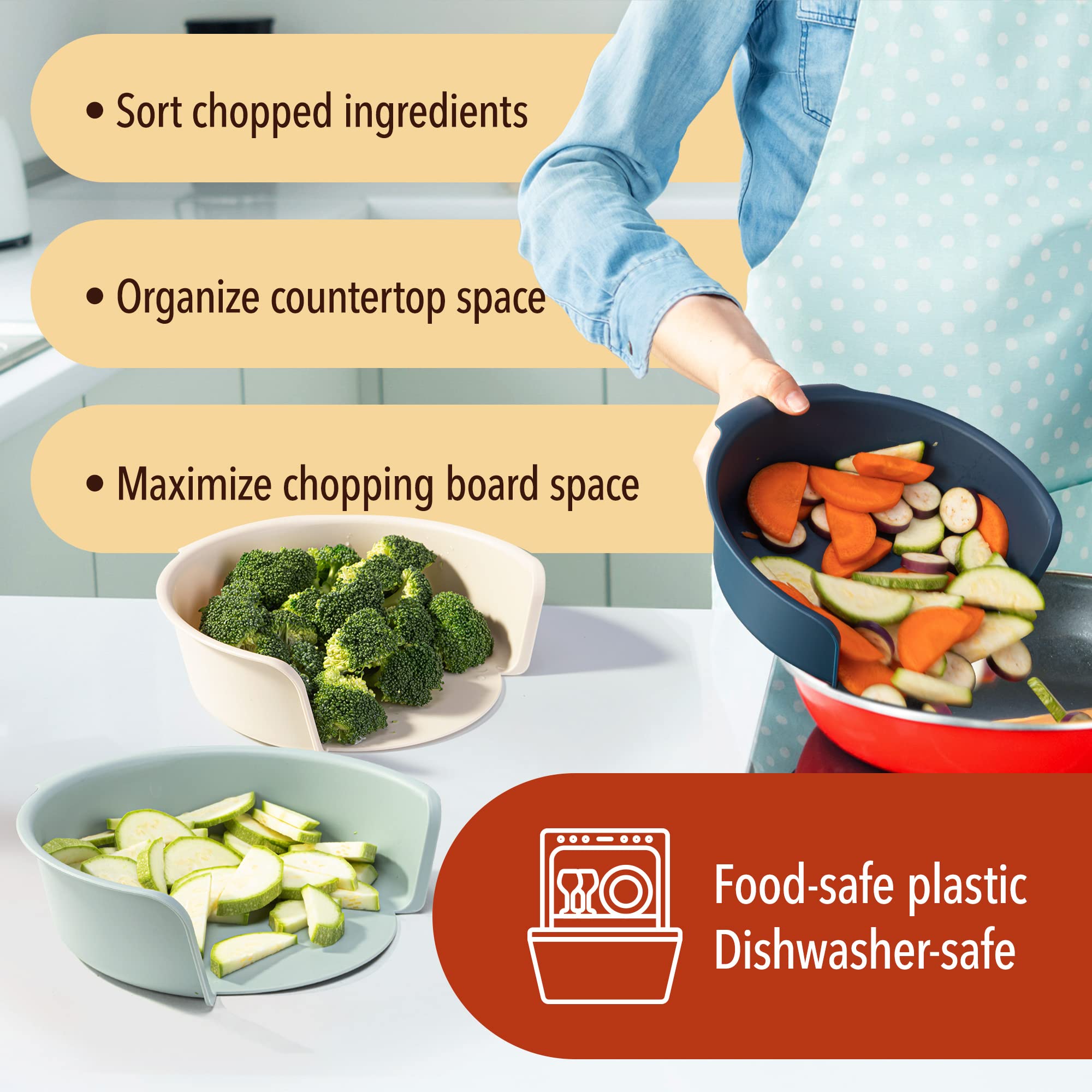 IMPRESA [3 Pack] Food Prep Bowls for Under Chopping Board - Plastic Meal Prep Container Set with Handles to Organize Countertop - Kitchen Storage Container -Food Storage & Meal Planning Accessories