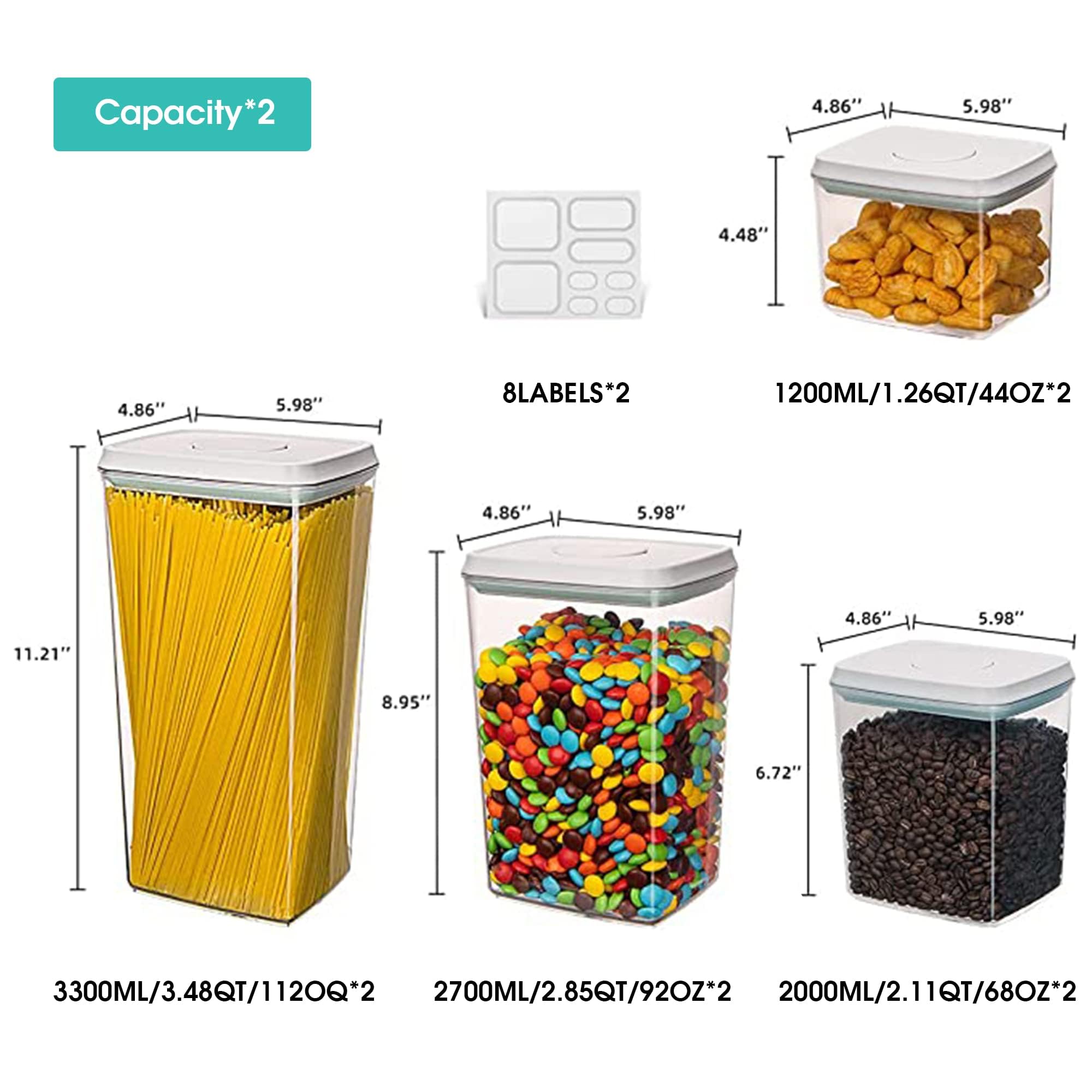 Vhorate Pop Up Food Storage Containers with Lids, Pop top food storage containers for Pantry Kitchen, Airtight Container Sets With Label BPA Free 8PCS