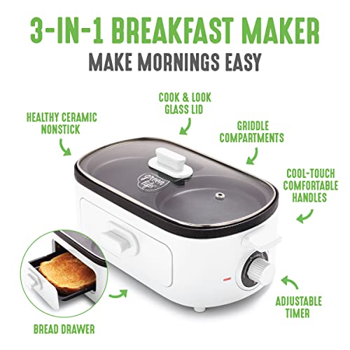 GreenLife 3-in-1 Breakfast Maker Station, Healthy Ceramic Nonstick Dual Griddles for Eggs Meat and Pancakes, 2 Slice Toast Drawer, Easy-to-use Timer, White