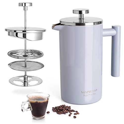Mixpresso Stainless Steel French Press Coffee Maker 27 Oz 800L Double Wall Metal Insulation Coffee Press & Tea Brewer Easy Clean & Easy Press, Strong Quality Coffee Press (Light Blue)
