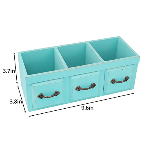 Wood Kitchen Storage Box for Storing Tableware Seasoning Tea Bags Coffee Bags Snacks Candy 3 Separate Parts of Wooden Pencil Pen Holder for Home Office Study Organizer Decoration (Blue)