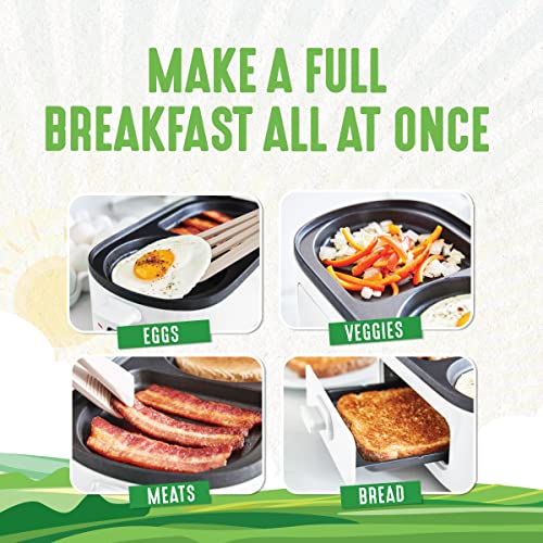 GreenLife 3-in-1 Breakfast Maker Station, Healthy Ceramic Nonstick Dual Griddles for Eggs Meat and Pancakes, 2 Slice Toast Drawer, Easy-to-use Timer, White