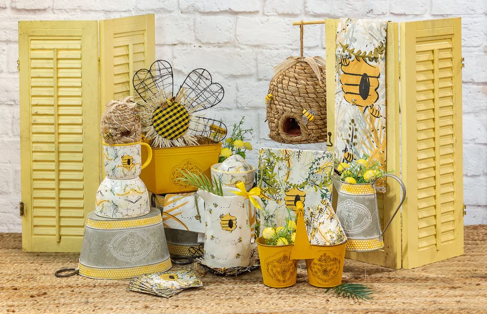 Boston International Oval Tins Set of Two Textured Galvanized Metal Pails, 2 Sizes, Bee- Local Honey