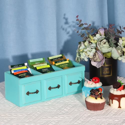 Wood Kitchen Storage Box for Storing Tableware Seasoning Tea Bags Coffee Bags Snacks Candy 3 Separate Parts of Wooden Pencil Pen Holder for Home Office Study Organizer Decoration (Blue)