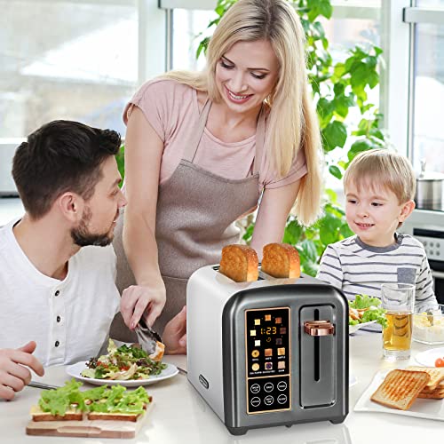 SEEDEEM Toaster 2 Slice, Stainless Steel Bread Toaster with LCD Display and Touch Buttons, 50% Faster Heating Speed, 6 Bread Selection, 7 Shade Settings, 1.5''Wide Slots Toaster with Cancel/Defrost/Reheat Functions, Removable Crumb Tray, 1350W, Dark Metal