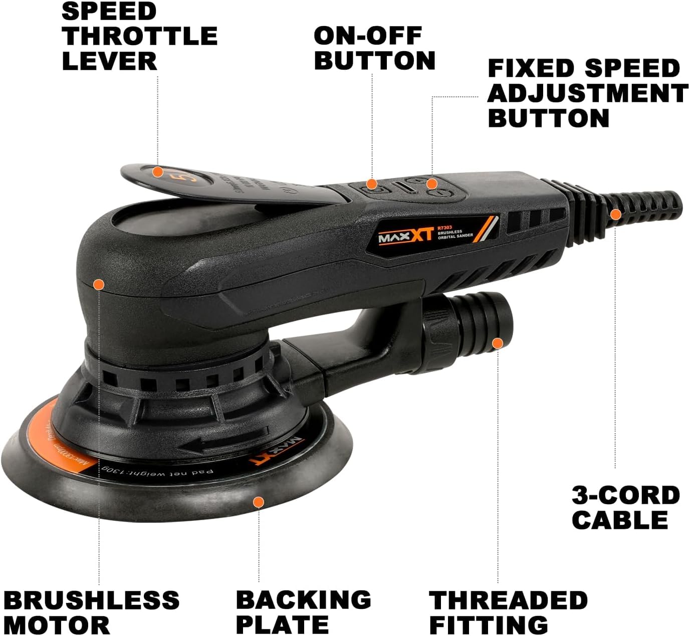 MAXXT Random Orbital Sander Brushless 350W 3A Multi-function Variable Speed Electric Corded Orbital Sanders Machine with 10 Sanding Paper for Woodworking, Drywall Sanding, Polishing (5.0mm Orbit)