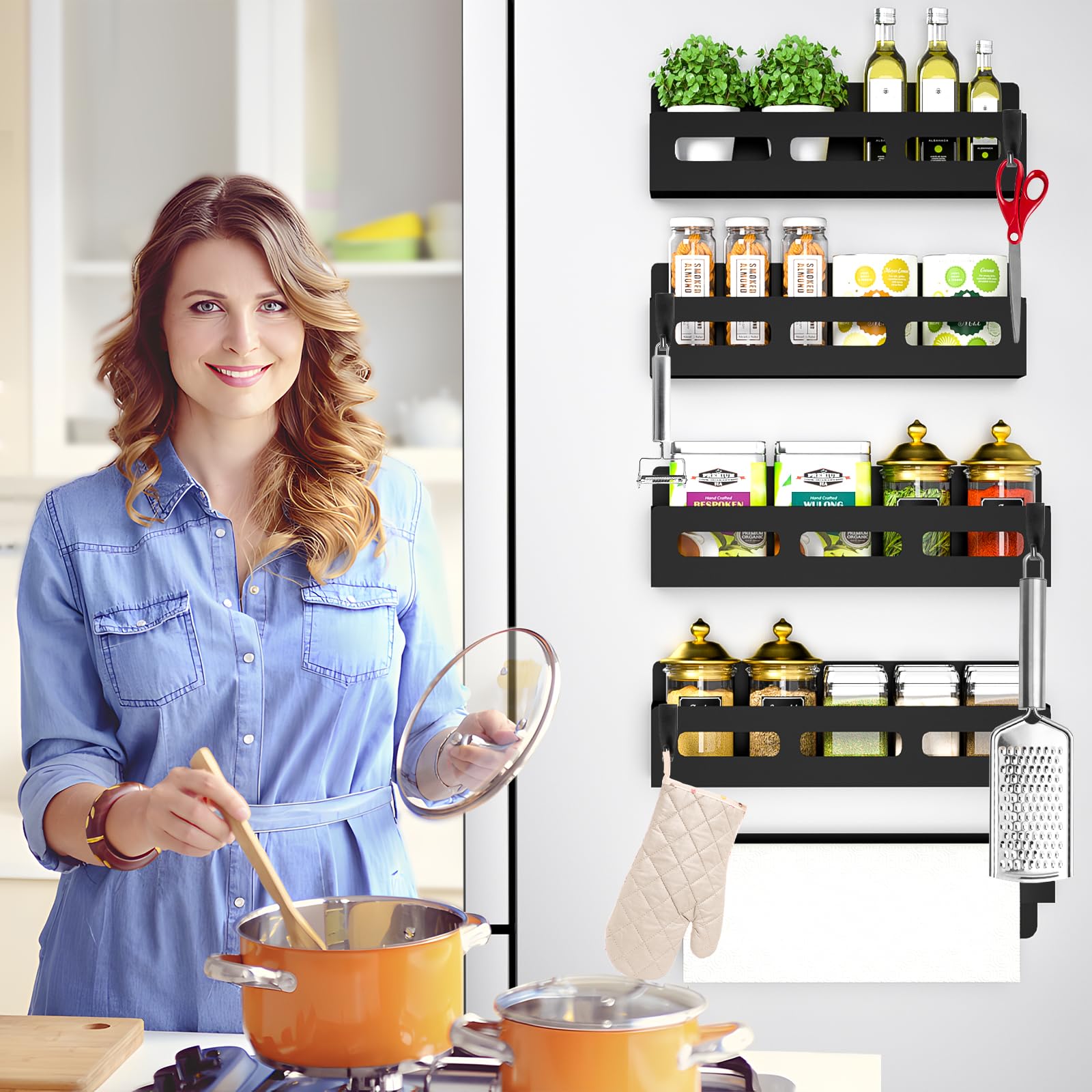 Mamajardin 5 Pack Magnetic Spice Rack for Refrigerator with Paper Towel Holde, Metal Spice Rack Organizers with 4 Moveable Hooks, Black Magnetic Shelf for Fridge Storage, Perfect Gifts
