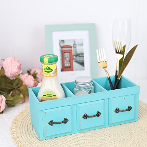 Wood Kitchen Storage Box for Storing Tableware Seasoning Tea Bags Coffee Bags Snacks Candy 3 Separate Parts of Wooden Pencil Pen Holder for Home Office Study Organizer Decoration (Blue)