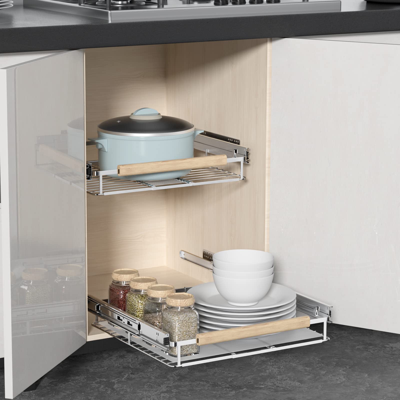 FESDOS Expandable Pull Out Cabinet Organizer Heavy Duty Under Sink Storage Basket Slide Out Cabinet Shelves Sliding Drawer Storage For Kitchen, Bathroom, Wardrobe, Wire Frame, Chrome Finish, Set of 1
