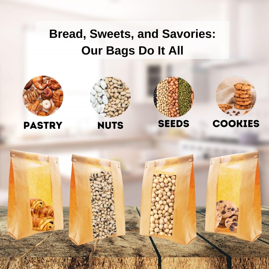 Bread Bags for Homemade Bread Sourdough - 50 Pack Large Paper Bread Bags for Sourdough with Tintie Tab Lock, 90pcs Stickers, Clear Front Window: Sourdough Bread Bags for Gifting