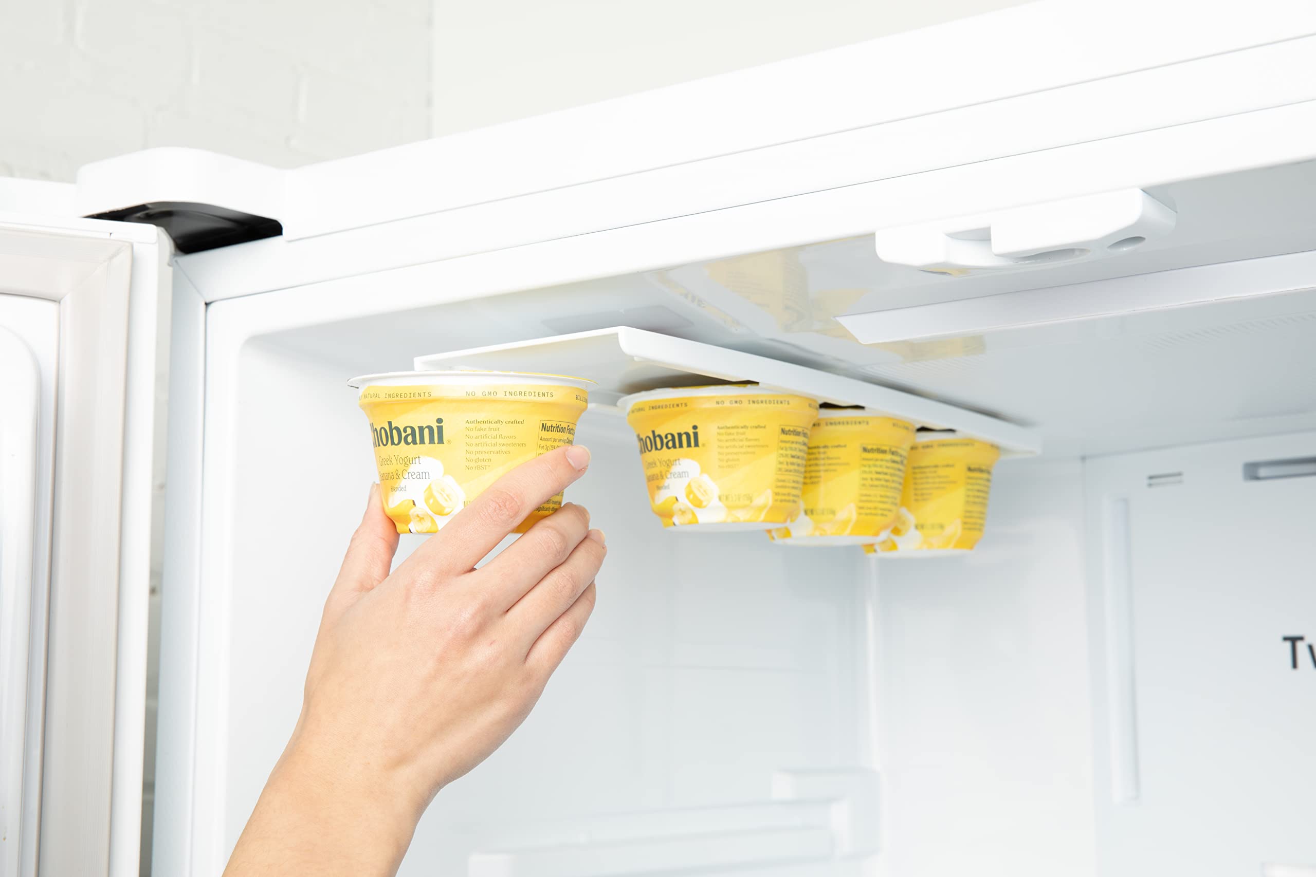 Yogurt Fridge Organizer - Holds up to 4 Wide-Mouth Vegan and Greek Yogurt Cups Each - Peel and Stick Slider Shelf for Small Refrigerator Spaces