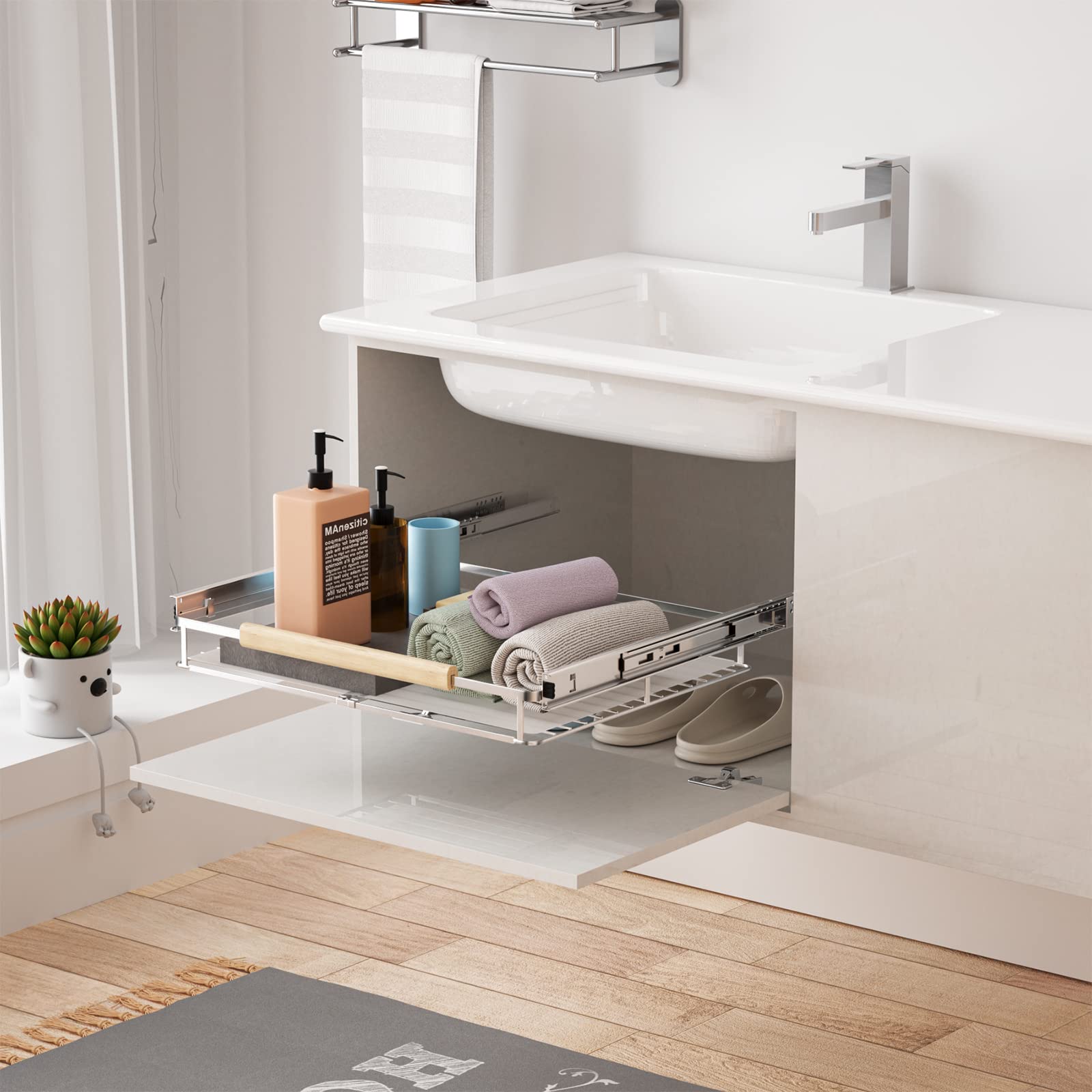 FESDOS Expandable Pull Out Cabinet Organizer Heavy Duty Under Sink Storage Basket Slide Out Cabinet Shelves Sliding Drawer Storage For Kitchen, Bathroom, Wardrobe, Wire Frame, Chrome Finish, Set of 1