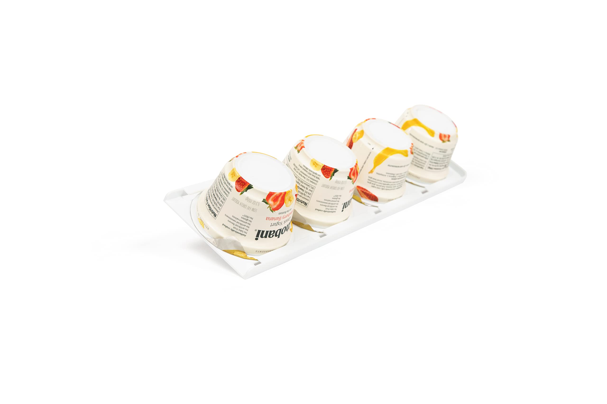 Yogurt Fridge Organizer - Holds up to 4 Wide-Mouth Vegan and Greek Yogurt Cups Each - Peel and Stick Slider Shelf for Small Refrigerator Spaces