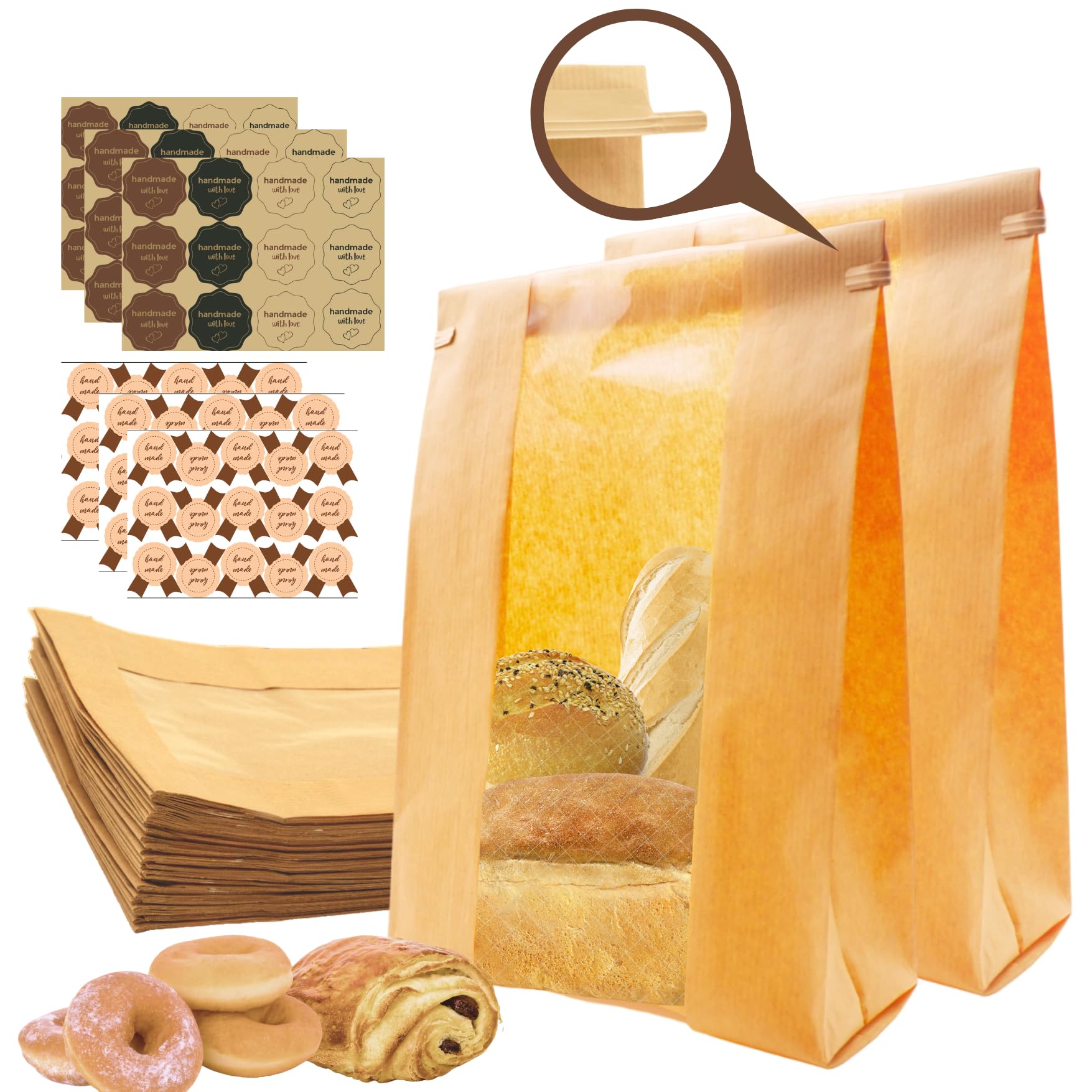 Bread Bags for Homemade Bread Sourdough - 50 Pack Large Paper Bread Bags for Sourdough with Tintie Tab Lock, 90pcs Stickers, Clear Front Window: Sourdough Bread Bags for Gifting