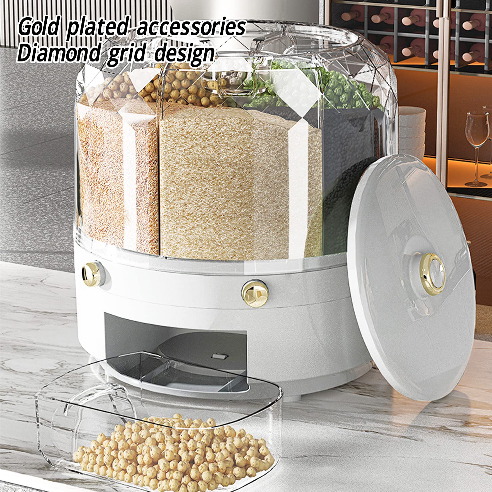 Rice and Grain Storage Container, 6KG Capacity 6 Grid Rice Dispenser, 360° Rotatable Food Storage Container, One Click Button Dry Food Storage Box Rice Bucket for Cereal, Grain, Beans(White)