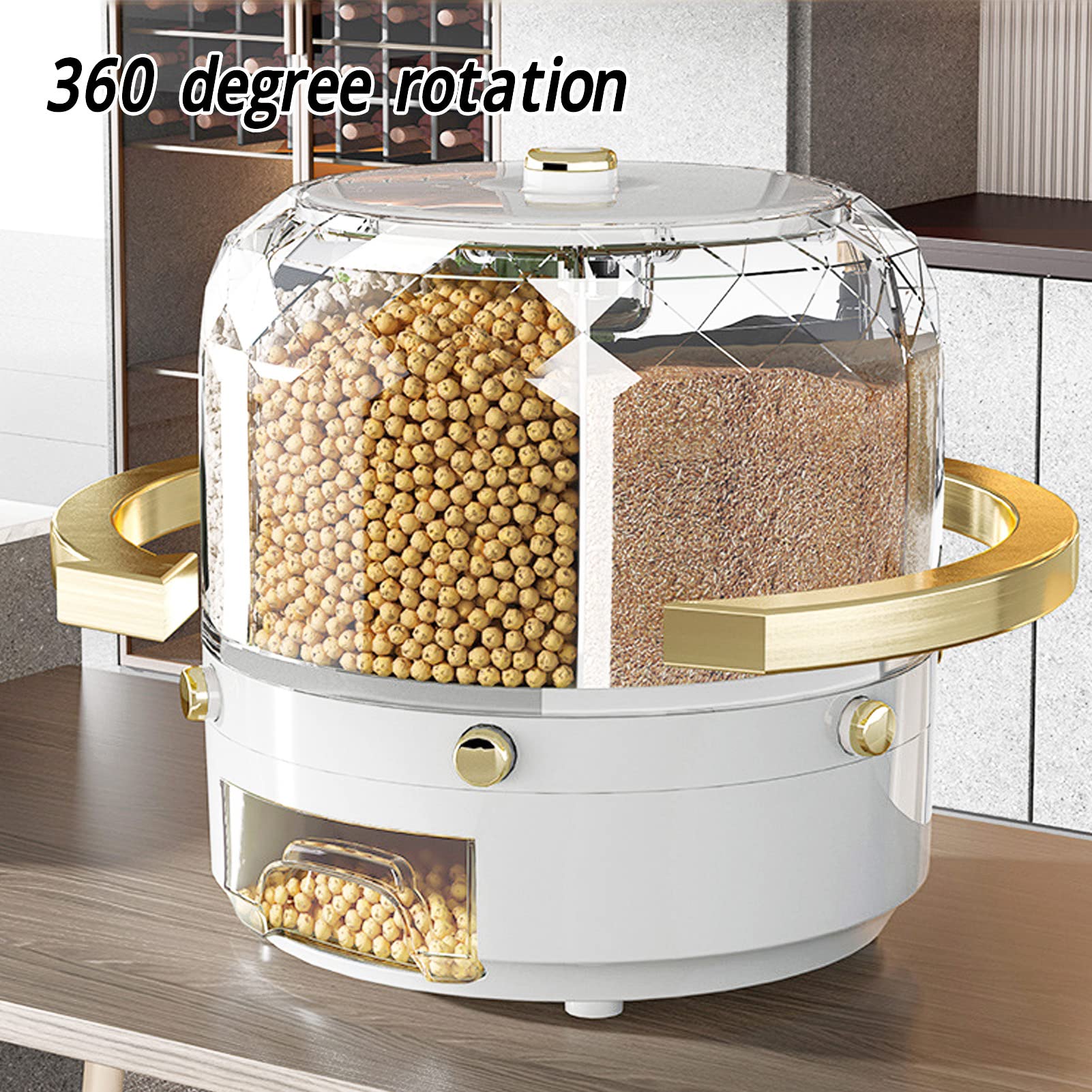 Rice and Grain Storage Container, 6KG Capacity 6 Grid Rice Dispenser, 360° Rotatable Food Storage Container, One Click Button Dry Food Storage Box Rice Bucket for Cereal, Grain, Beans(White)