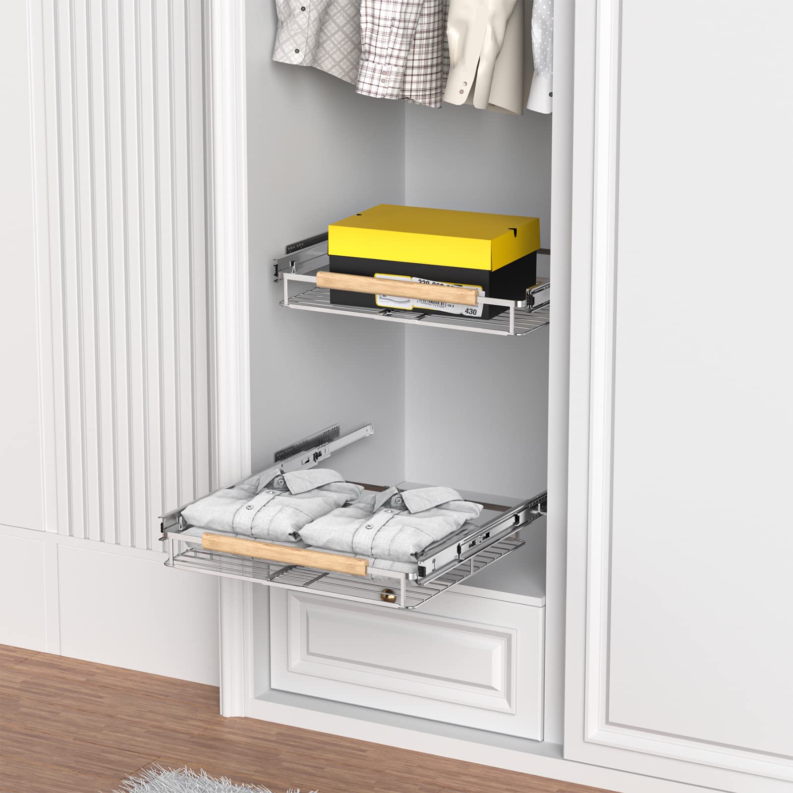 FESDOS Expandable Pull Out Cabinet Organizer Heavy Duty Under Sink Storage Basket Slide Out Cabinet Shelves Sliding Drawer Storage For Kitchen, Bathroom, Wardrobe, Wire Frame, Chrome Finish, Set of 1