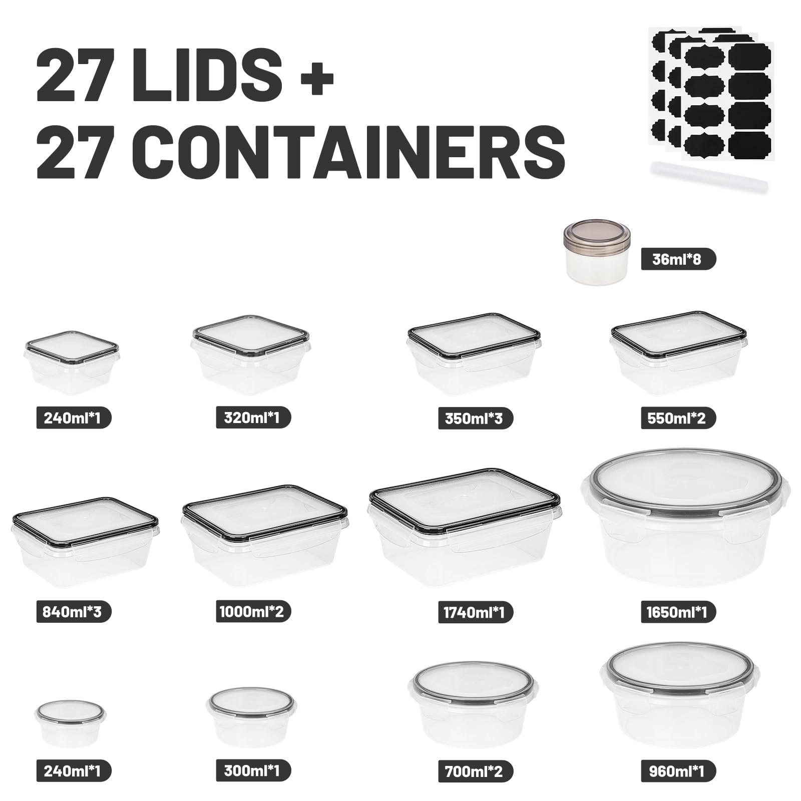 Moretoes 54pcs Airtight Food Storage Containers with lids, 27 Snap Lids and 27 Nesting Containers Plastic Stackable Containers with Labels for Kitchen, Refrigerator Organization, BPA Free, Diswasher