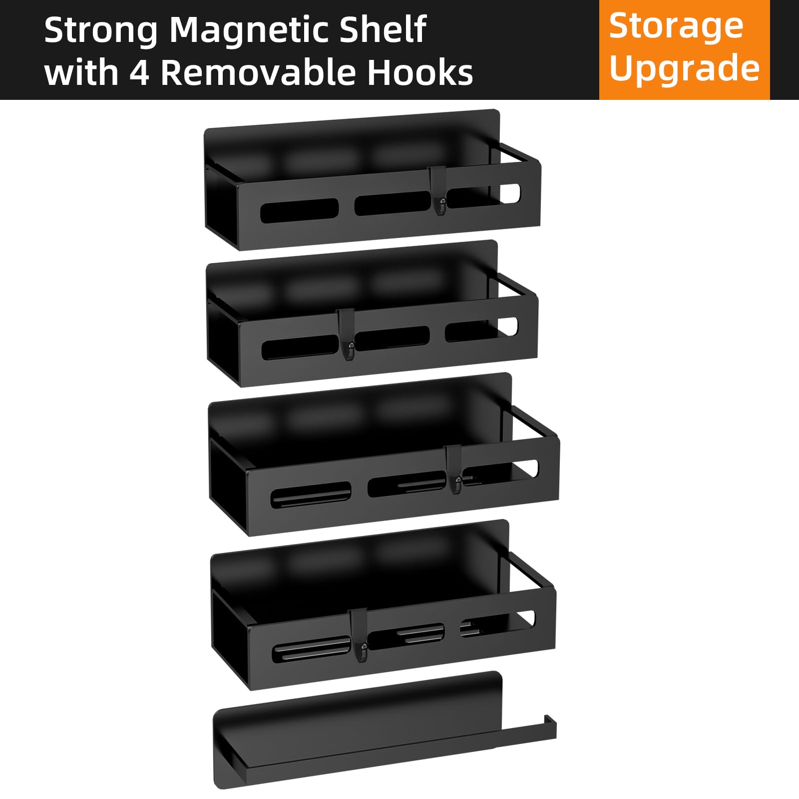 Mamajardin 5 Pack Magnetic Spice Rack for Refrigerator with Paper Towel Holde, Metal Spice Rack Organizers with 4 Moveable Hooks, Black Magnetic Shelf for Fridge Storage, Perfect Gifts