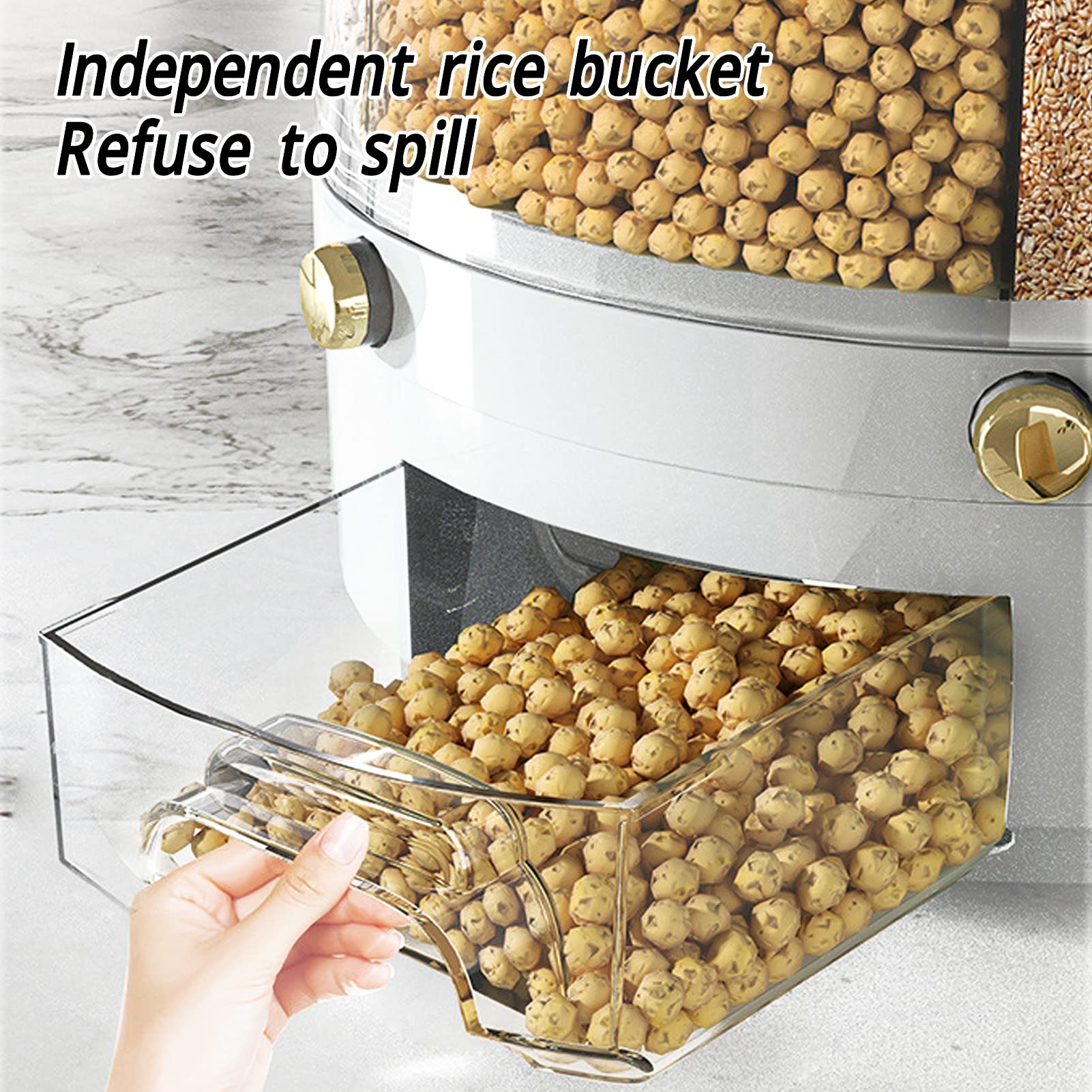 Rice and Grain Storage Container, 6KG Capacity 6 Grid Rice Dispenser, 360° Rotatable Food Storage Container, One Click Button Dry Food Storage Box Rice Bucket for Cereal, Grain, Beans(White)
