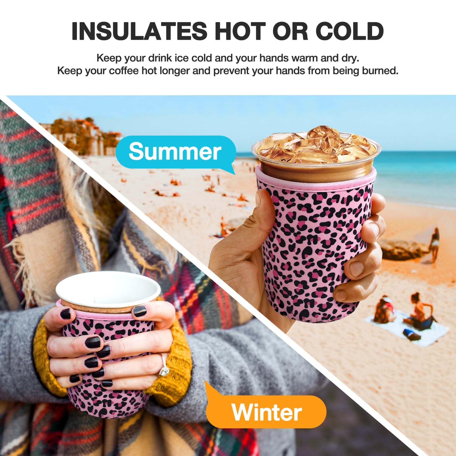 Iced Coffee Cup Sleeve for Large Sized Cups, Reusable Neoprene Iced Coffee Cup Holder for Hot Cold Drinks, Compatible with Starbucks, Dunkin Donuts, and More (Pink Leopard)
