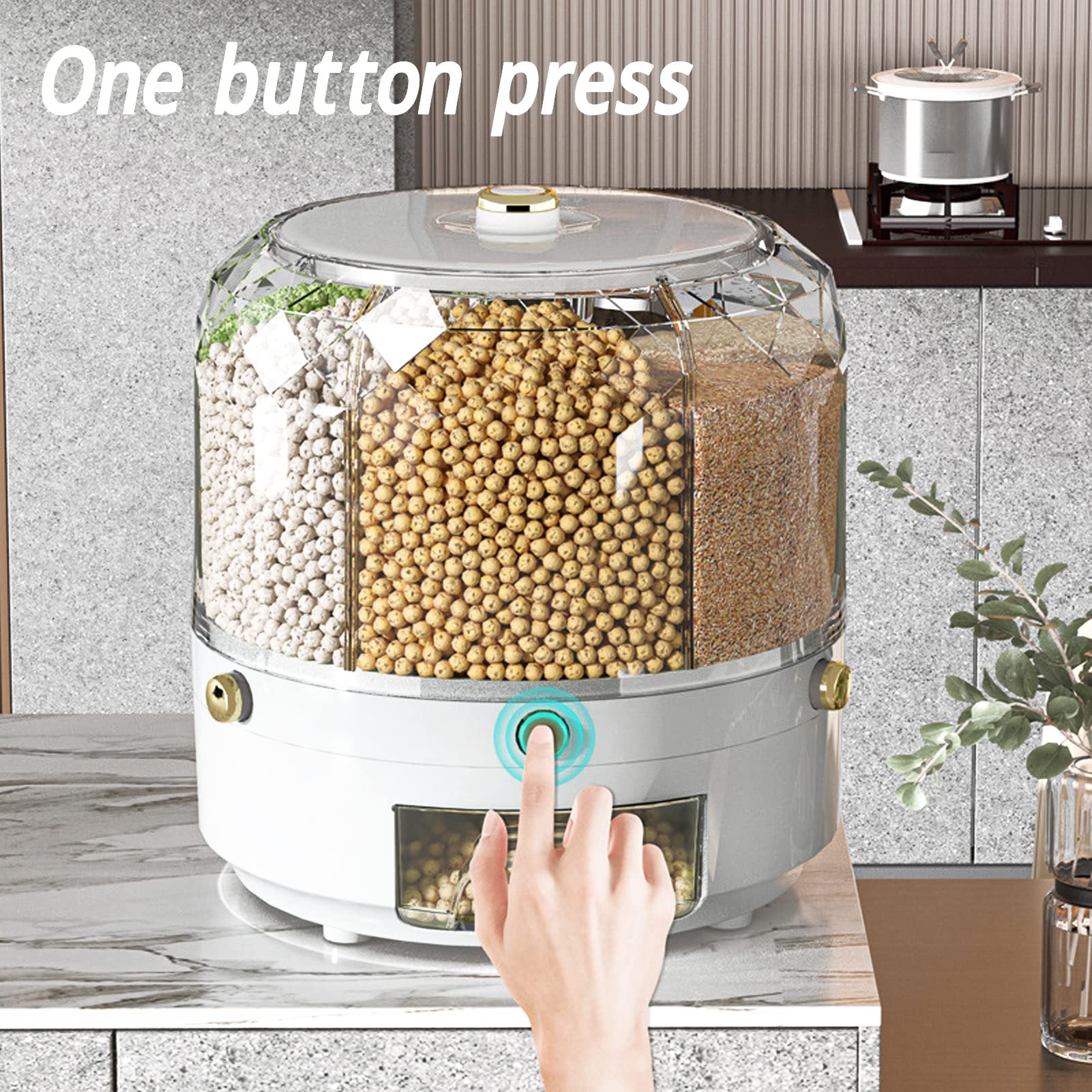 Rice and Grain Storage Container, 6KG Capacity 6 Grid Rice Dispenser, 360° Rotatable Food Storage Container, One Click Button Dry Food Storage Box Rice Bucket for Cereal, Grain, Beans(White)