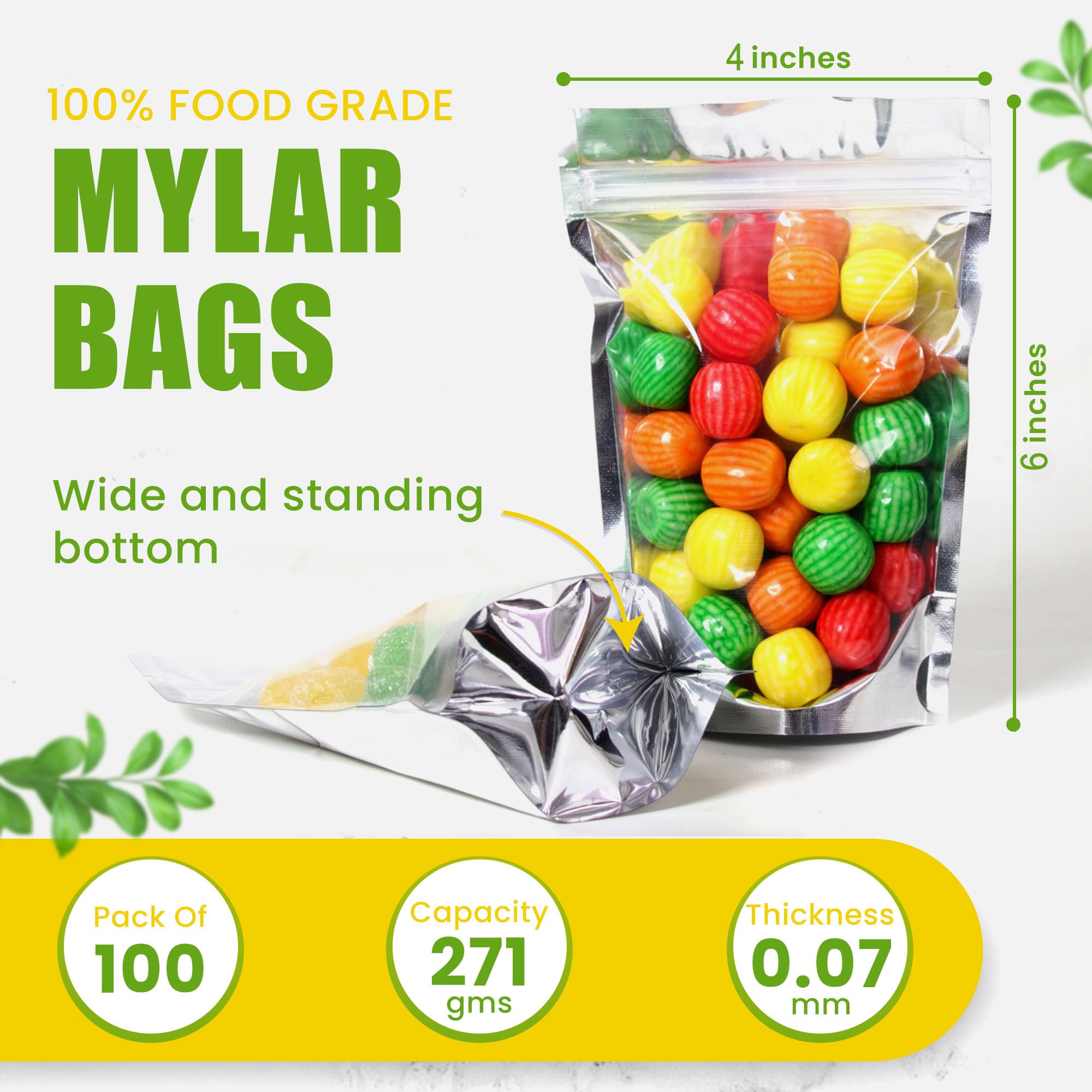Pack of 100 Mylar Bags, Resealable Mylar Bags for Food Storage
