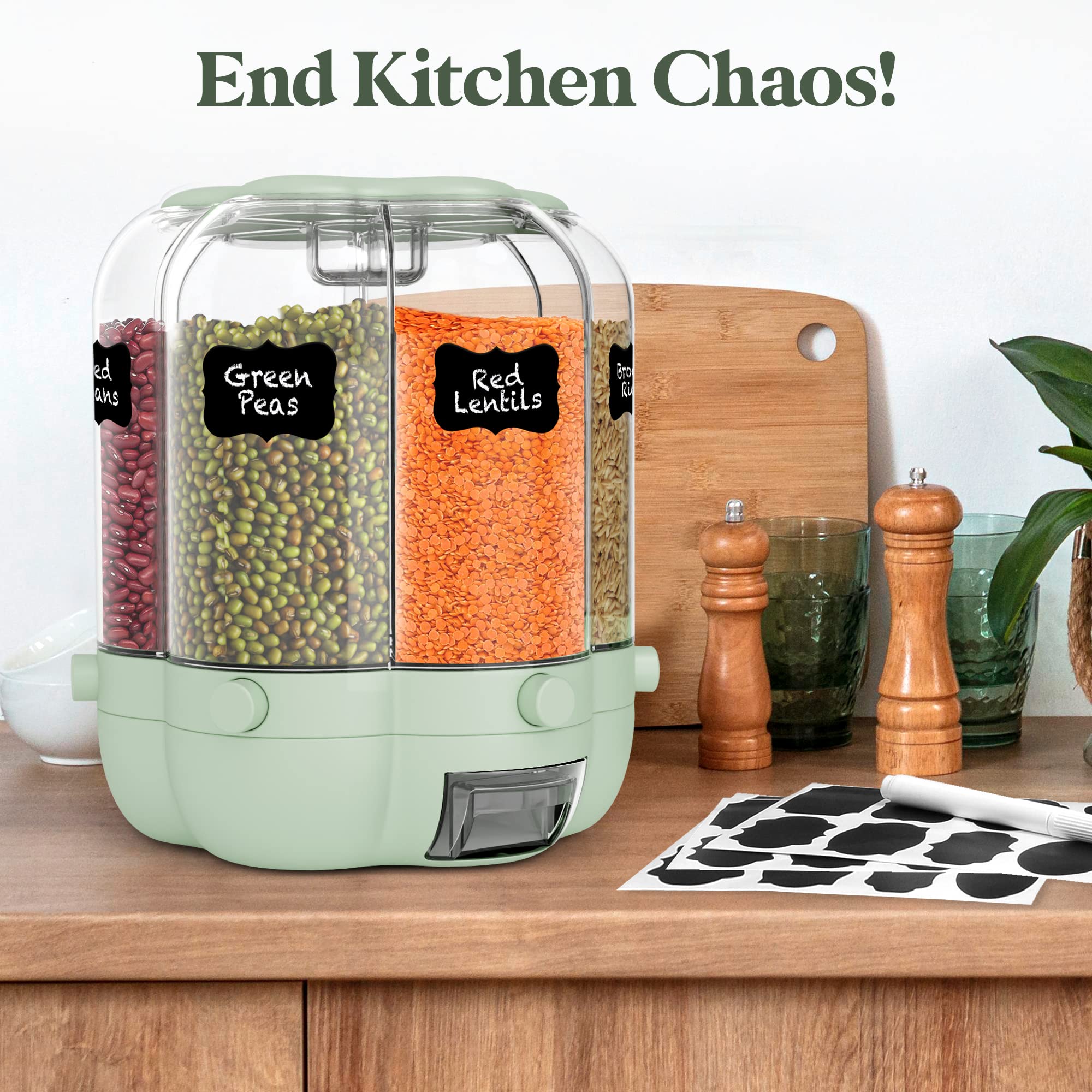 Rice Dispenser 25 Pounds, Kitchen Storage with Chalk Labels and Measuring Cup, Grain Dispenser, 6 Compartment Rice Storage Container, Rotating Food Dispenser for Sunflower Seeds, Popcorn Kernels