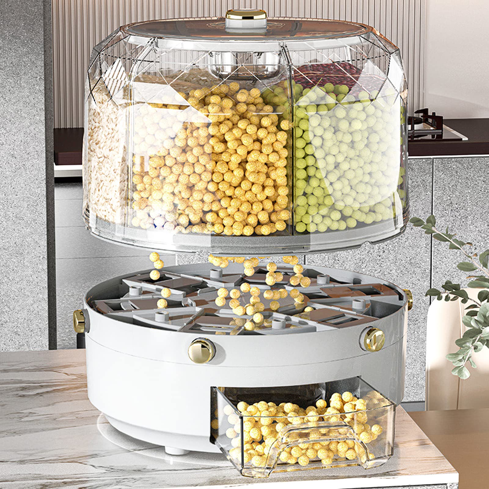 Rice and Grain Storage Container, 6KG Capacity 6 Grid Rice Dispenser, 360° Rotatable Food Storage Container, One Click Button Dry Food Storage Box Rice Bucket for Cereal, Grain, Beans(White)