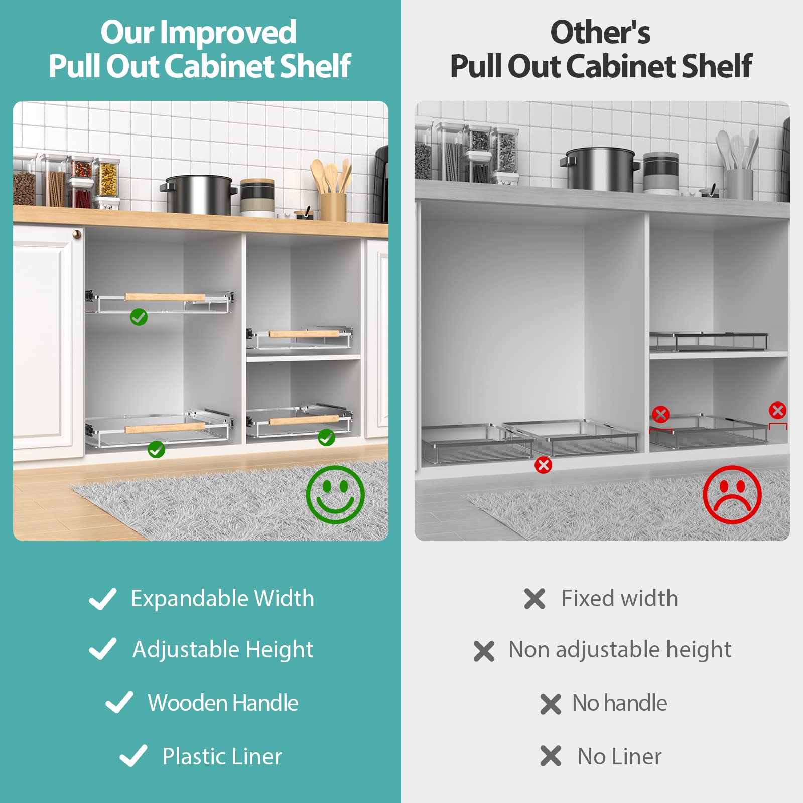 FESDOS Expandable Pull Out Cabinet Organizer Heavy Duty Under Sink Storage Basket Slide Out Cabinet Shelves Sliding Drawer Storage For Kitchen, Bathroom, Wardrobe, Wire Frame, Chrome Finish, Set of 1