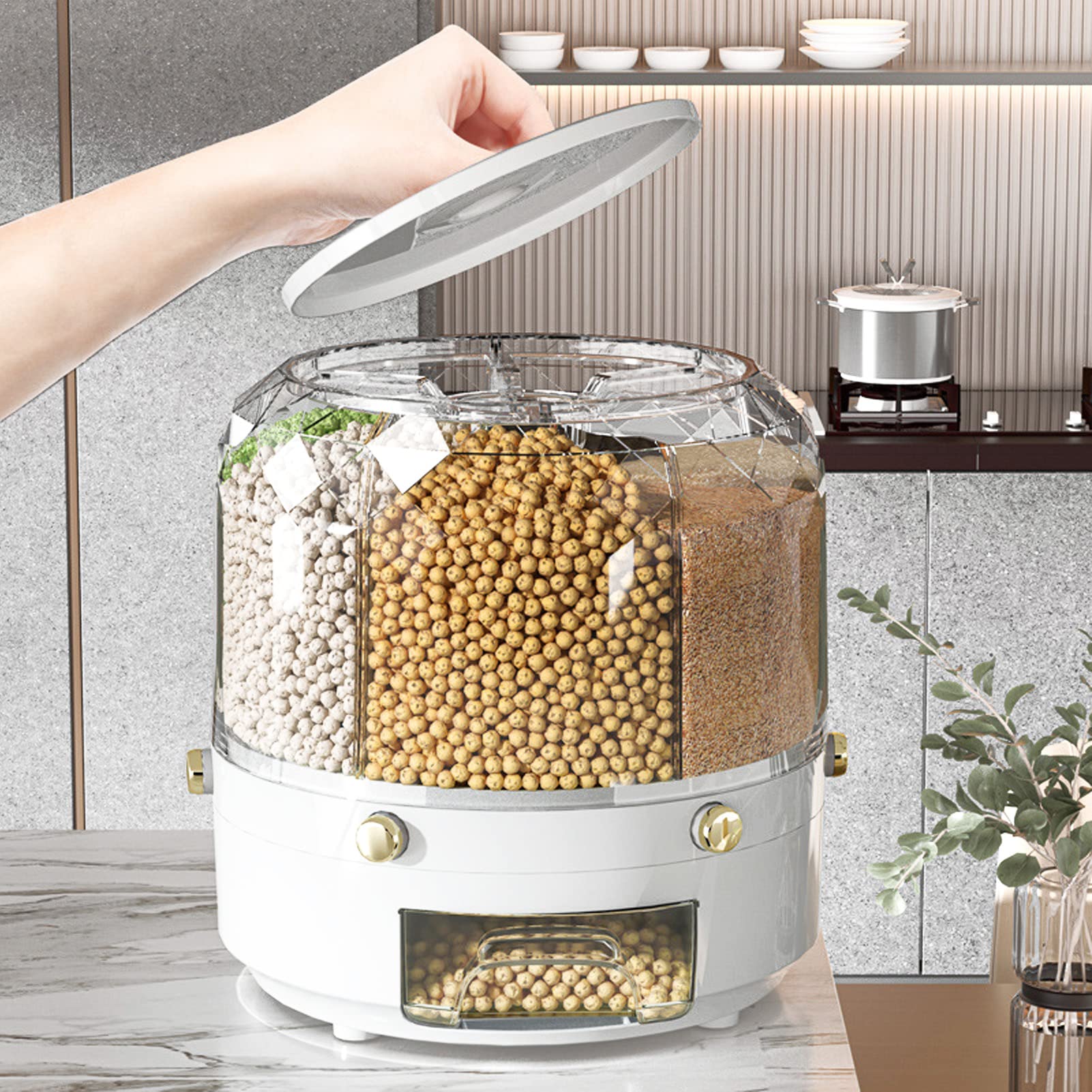 Rice and Grain Storage Container, 6KG Capacity 6 Grid Rice Dispenser, 360° Rotatable Food Storage Container, One Click Button Dry Food Storage Box Rice Bucket for Cereal, Grain, Beans(White)