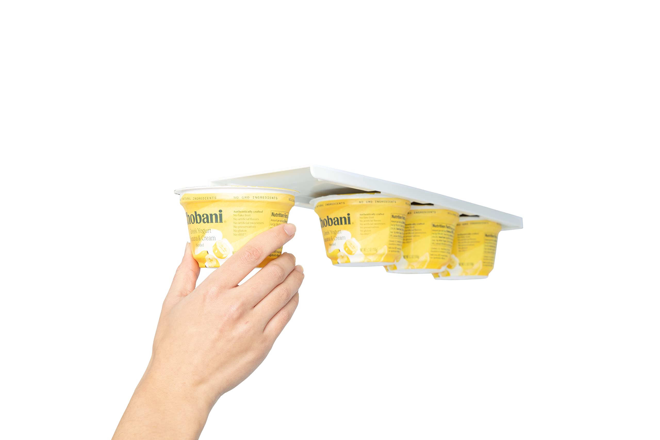 Yogurt Fridge Organizer - Holds up to 4 Wide-Mouth Vegan and Greek Yogurt Cups Each - Peel and Stick Slider Shelf for Small Refrigerator Spaces