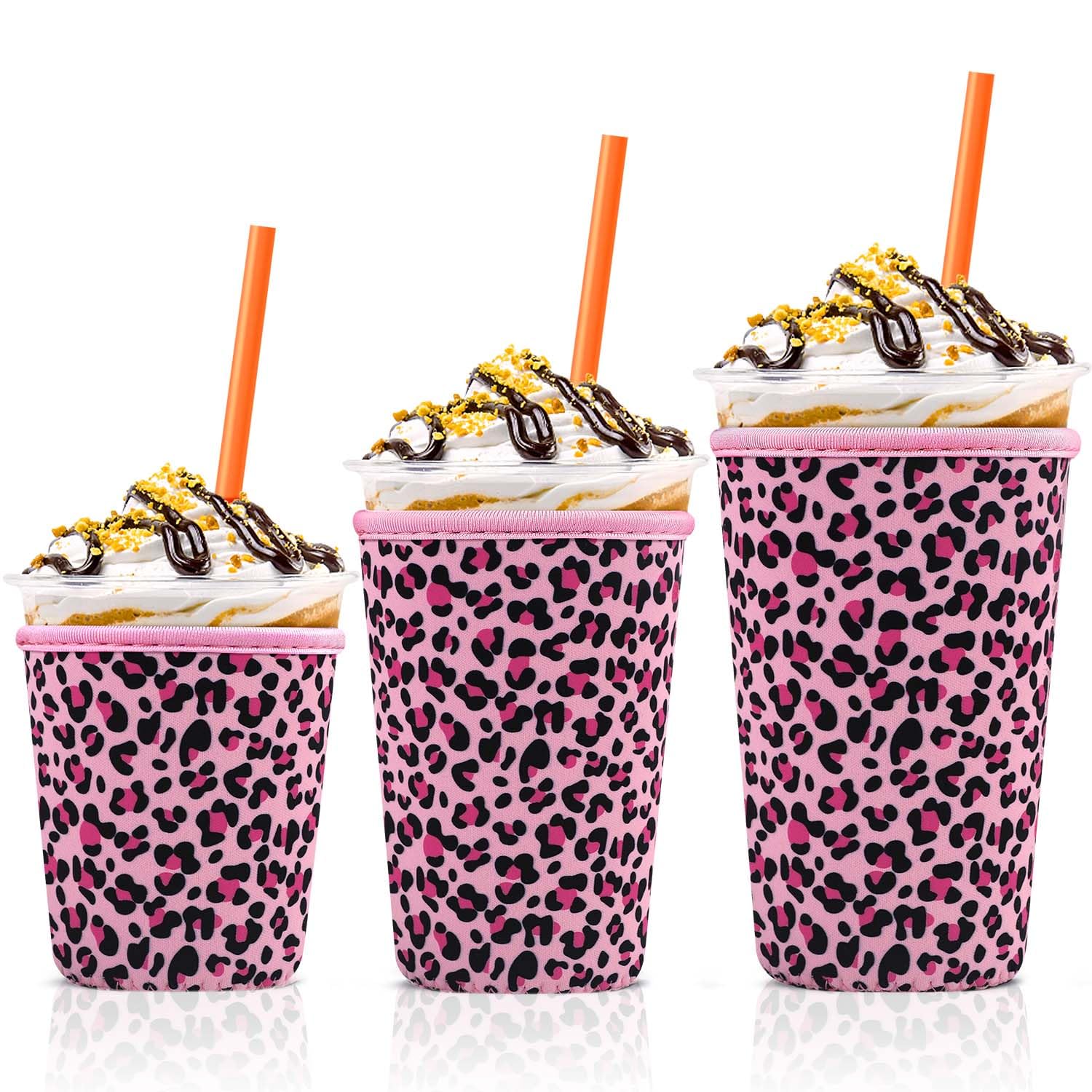 Iced Coffee Cup Sleeve for Large Sized Cups, Reusable Neoprene Iced Coffee Cup Holder for Hot Cold Drinks, Compatible with Starbucks, Dunkin Donuts, and More (Pink Leopard)