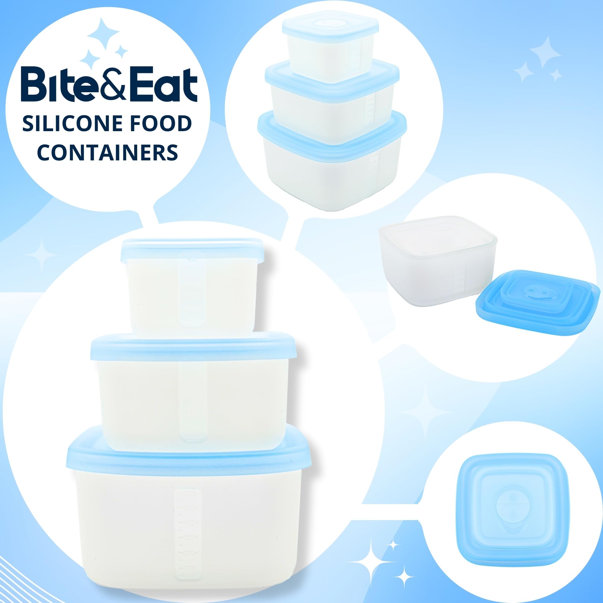 Bite&Eat Silicone Food Storage Containers | BPA Free, Airtight, Dishwasher, and Freezer Safe with Lids | Air Vent Nesting Containers Safe for Microwave | Set of 3 (5.7oz, 10oz, 20oz) - Blue/Clear