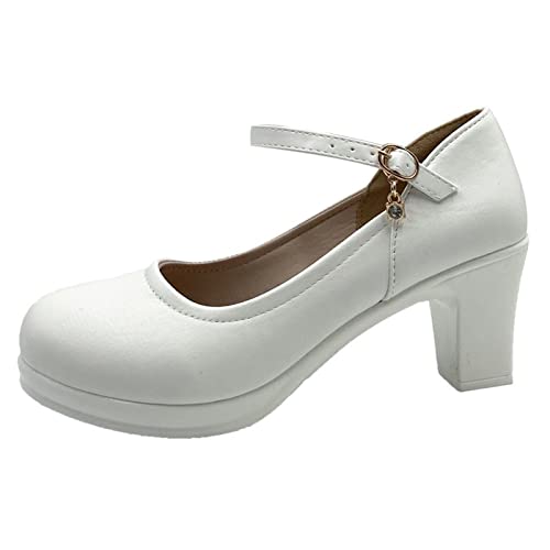 Buckle Casual Thick High Shoe Work Strap Platform Women Heel Pumps Womens Rhinestone Casual Shoes Casual Womens Shoes Wedge White