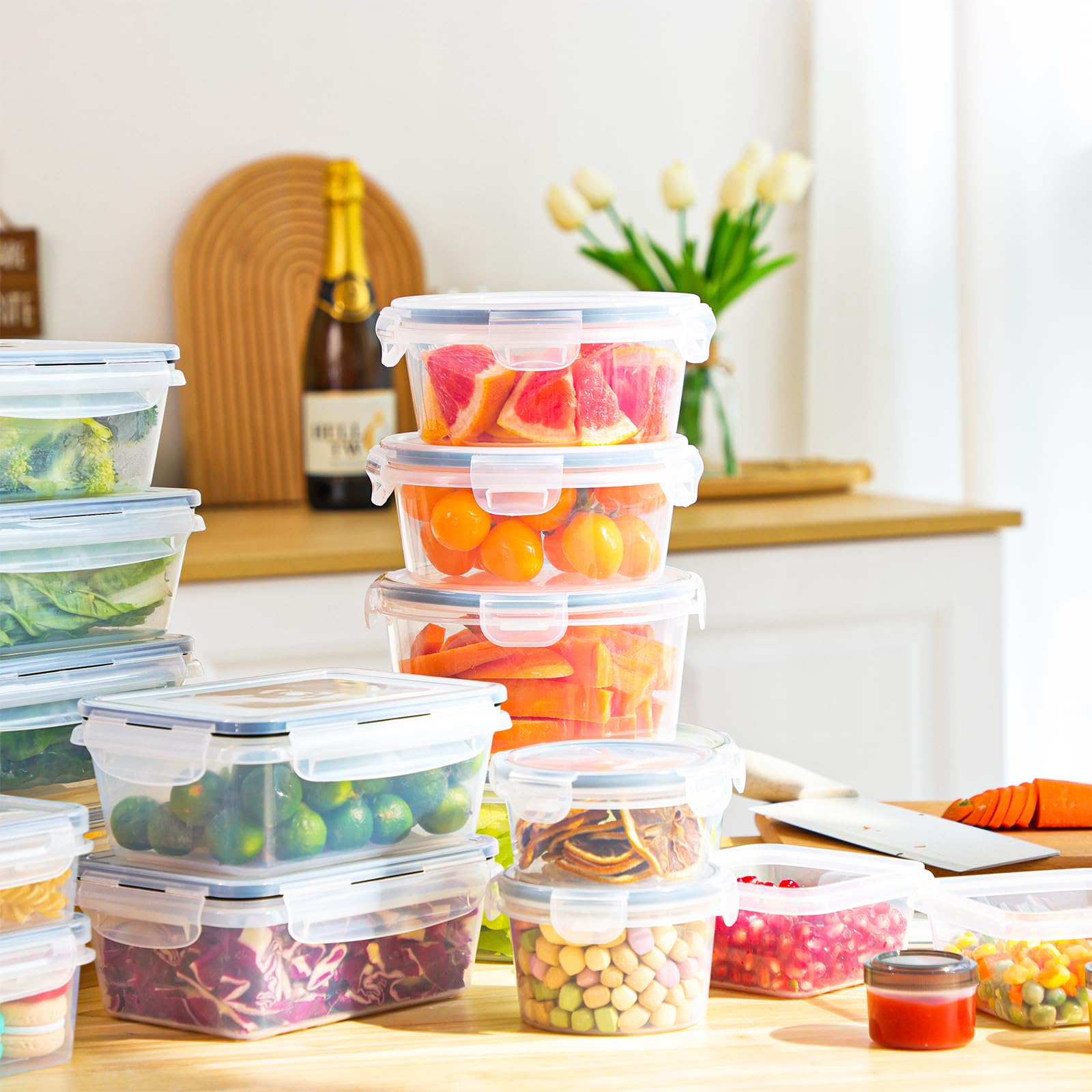 Moretoes 54pcs Airtight Food Storage Containers with lids, 27 Snap Lids and 27 Nesting Containers Plastic Stackable Containers with Labels for Kitchen, Refrigerator Organization, BPA Free, Diswasher