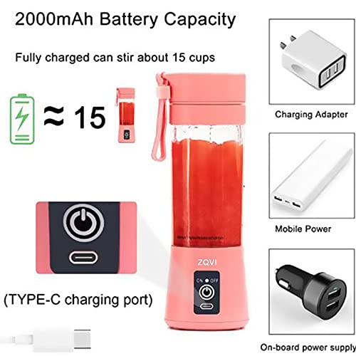 Portable Blender,Portable Juicer,Fruit Mixer - 6 Blades in 3D, 380ml Fruit Mixing Machine with USB Charger Cable(Pink)