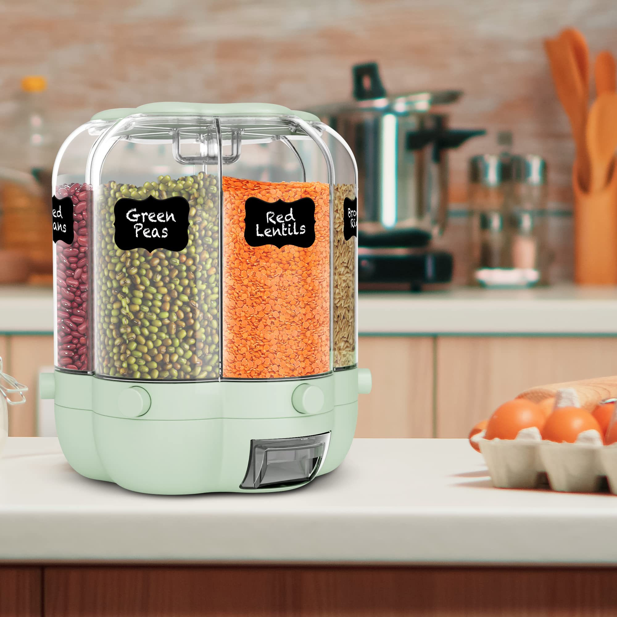 Rice Dispenser 25 Pounds, Kitchen Storage with Chalk Labels and Measuring Cup, Grain Dispenser, 6 Compartment Rice Storage Container, Rotating Food Dispenser for Sunflower Seeds, Popcorn Kernels